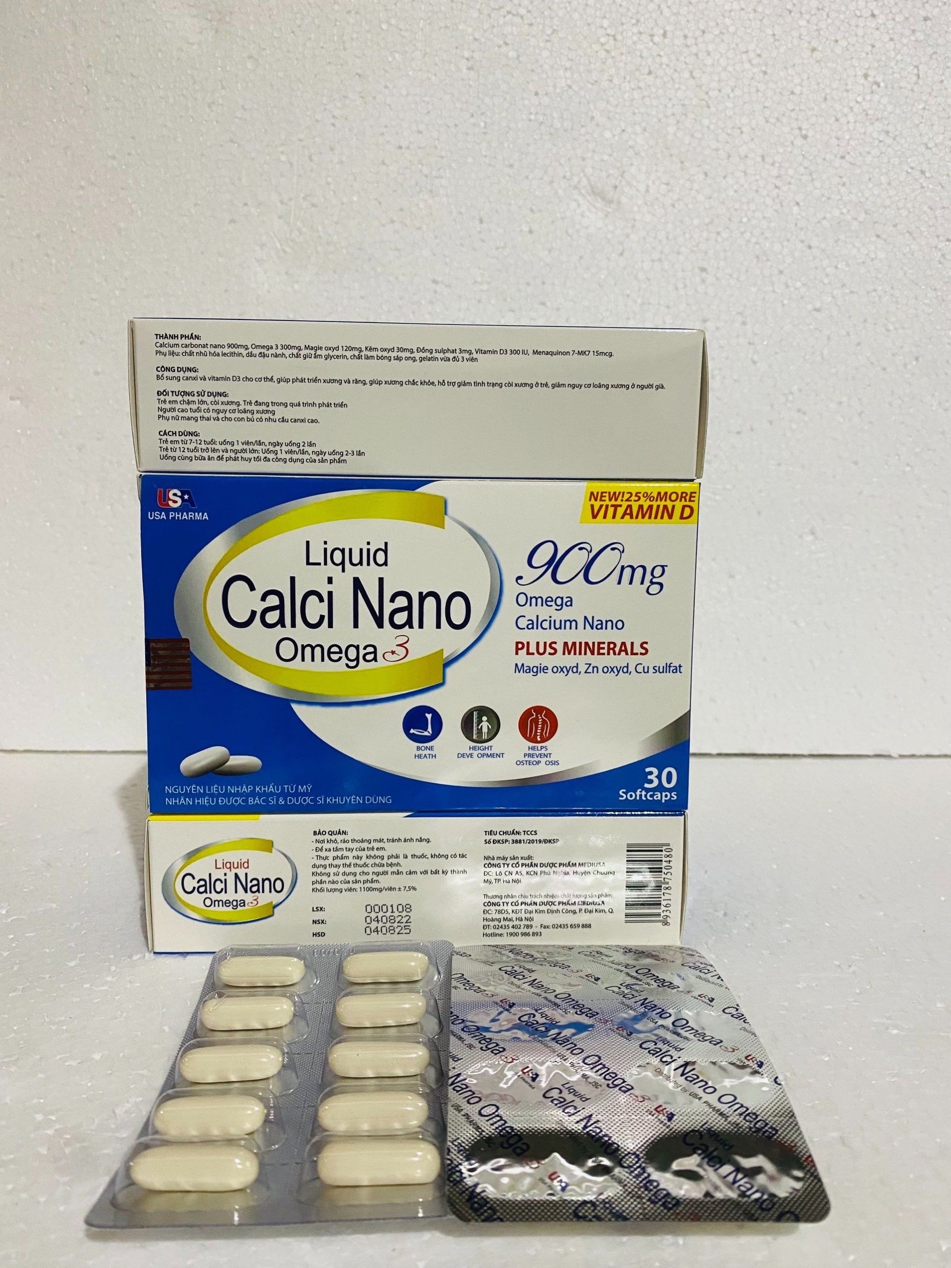 Hộp 30 viên Liquid Calci nano 900mg omega 3 ( trắng xanh)